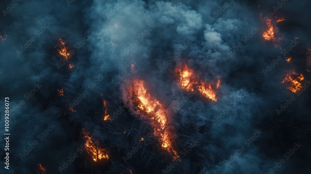 Bird's-eye view of a forest fire or wildfire captured by an aerial ...