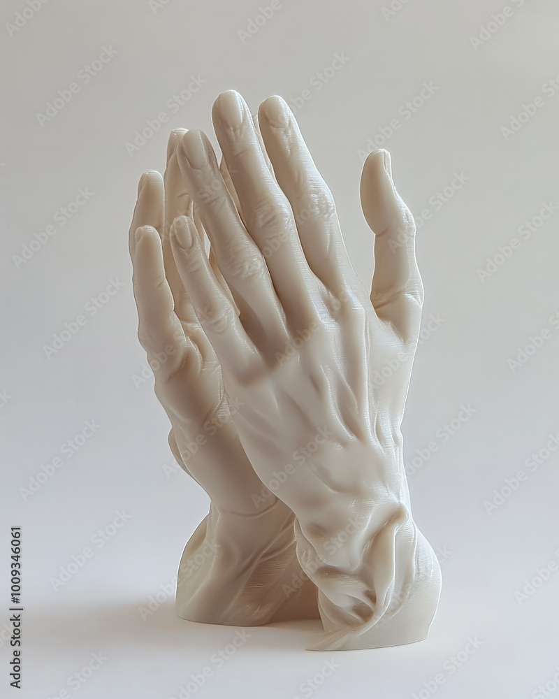 A 3D printed model of two hands clapping, with intricate detailing in ...