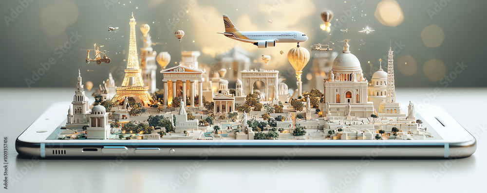 3D phone projecting a plane flying over a detailed map, with iconic ...