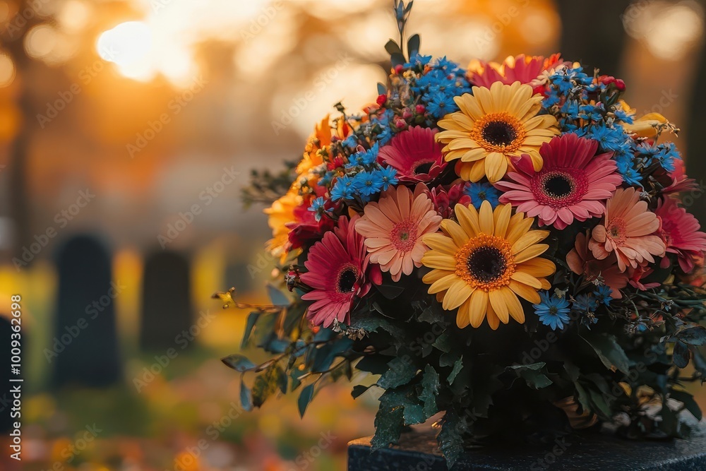 a poignant bouquet of flowers placed thoughtfully on a cemetery grave ...
