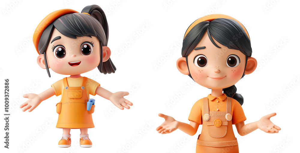 3D Cartoon Character Little Girl Different Poses Hand Gesture ...