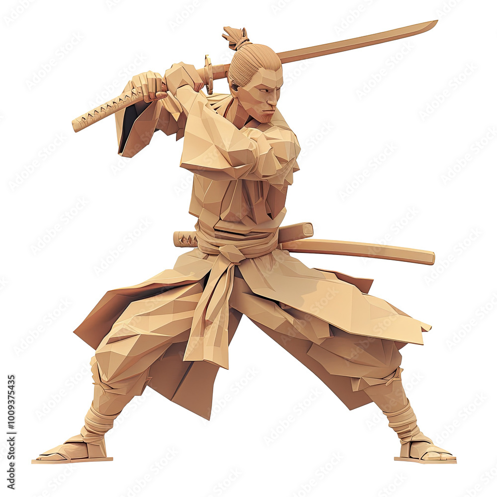 Polygon art samurai warrior katana sword fight pose low poly 3D render ...