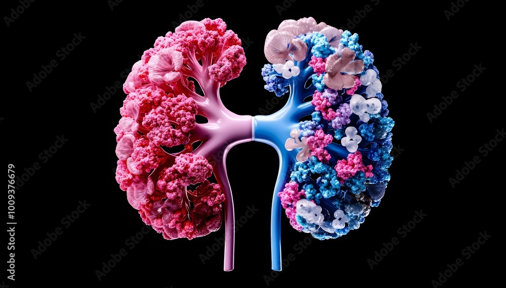 A 3D model showing the kidney's internal structure, with the renal ...