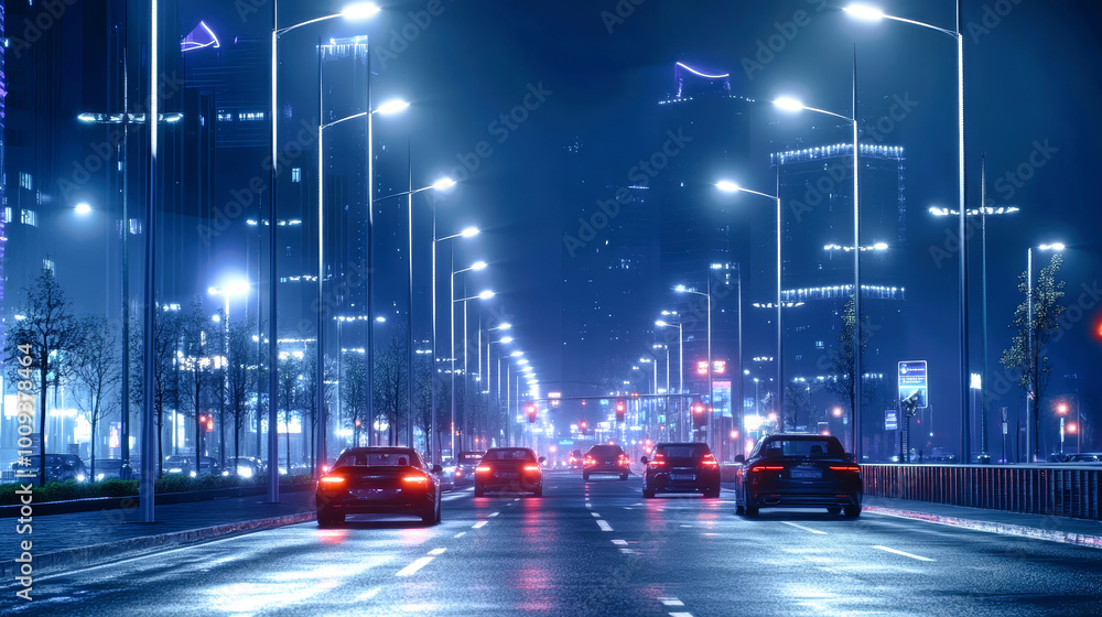 Vibrant city street illuminated by modern LED lights at night with ...