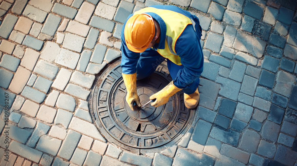Street maintenance worker in blue overalls and yellow vest opens a ...