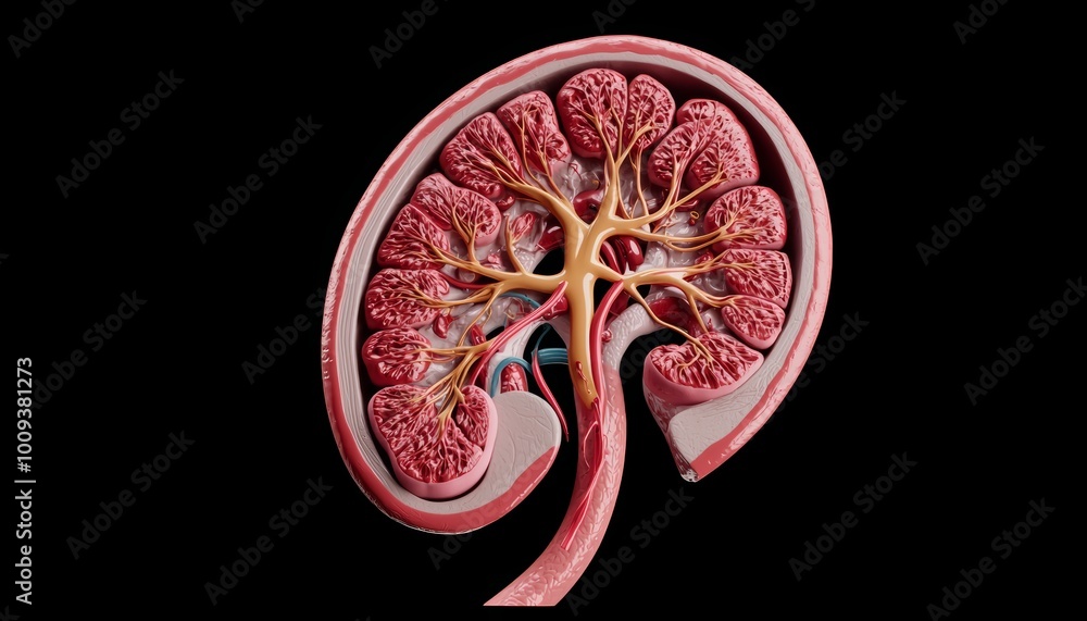 A cross-section of the kidney in 3D, with the renal artery, vein, and ...
