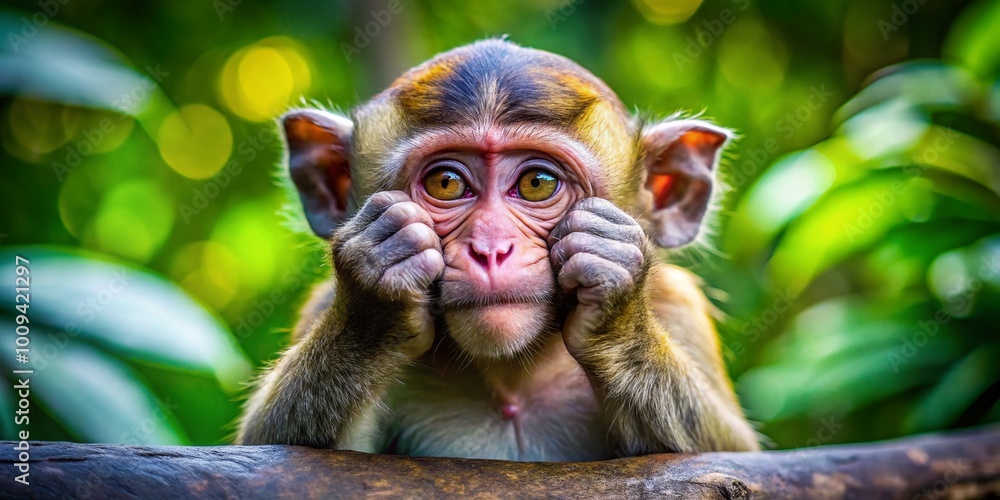 Playful Monkey Covering Its Eyes in a Cute and Whimsical Pose Amidst ...