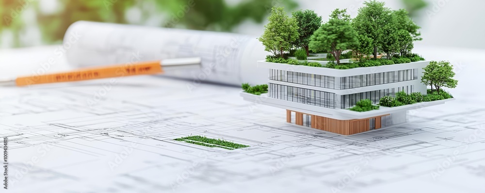 Architectural concept of a building with extensive green spaces, on ...