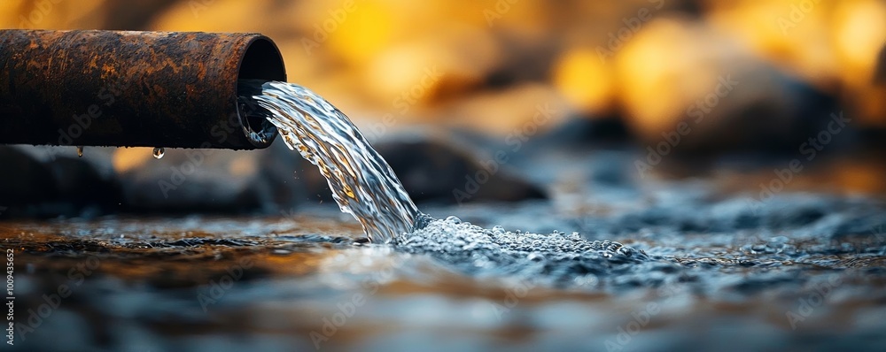 Polluted water flowing from a rusty pipe into a river, illustrating the ...