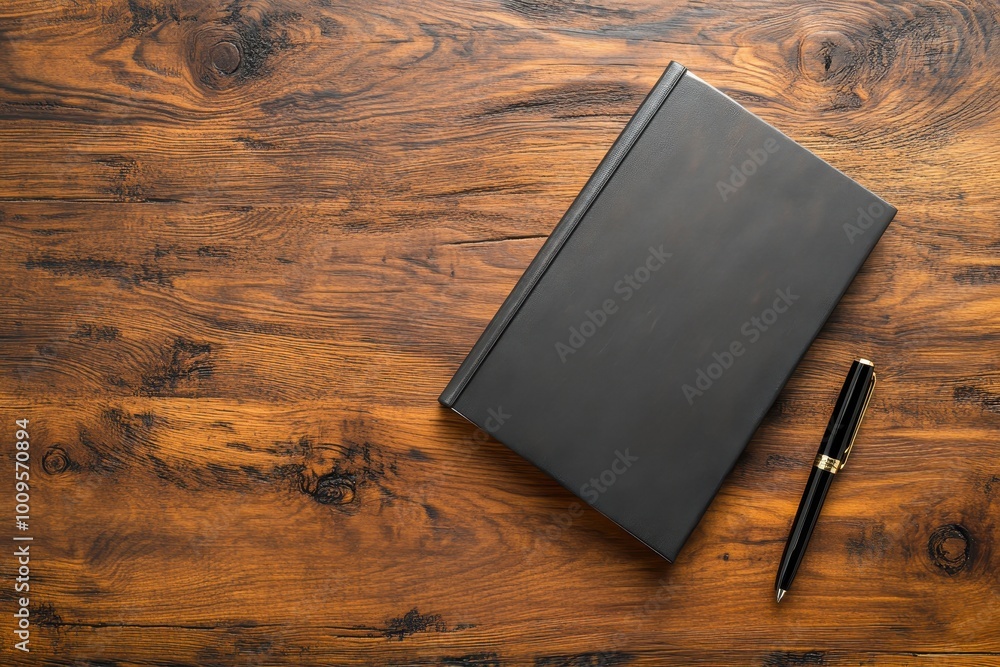 Book mockup, A sleek black notebook and a pen resting on a wooden ...