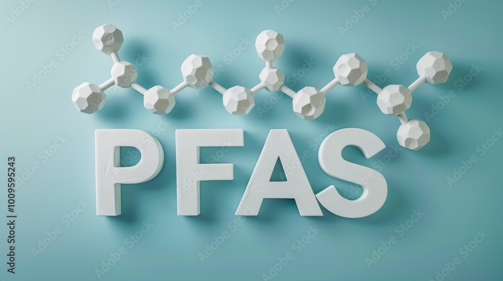 Intricate 3d structure of PFAS molecule displayed prominently on a vivid blue background, health ...