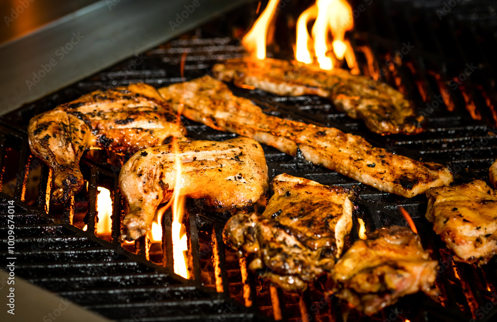 Sizzling Mixed Grill with Chicken, Bacon, pork belly strips, and Flames ...