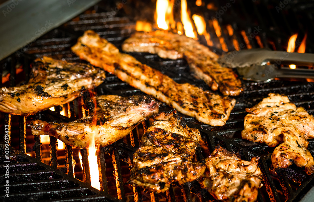 Sizzling Mixed Grill with Chicken, Bacon, pork belly strips, and Flames ...