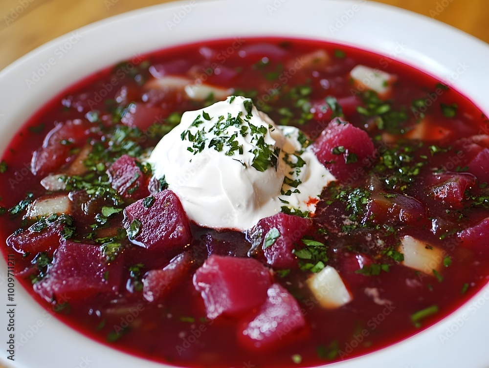 Cold borscht with a dollop of soup Stock Photo | Adobe Stock