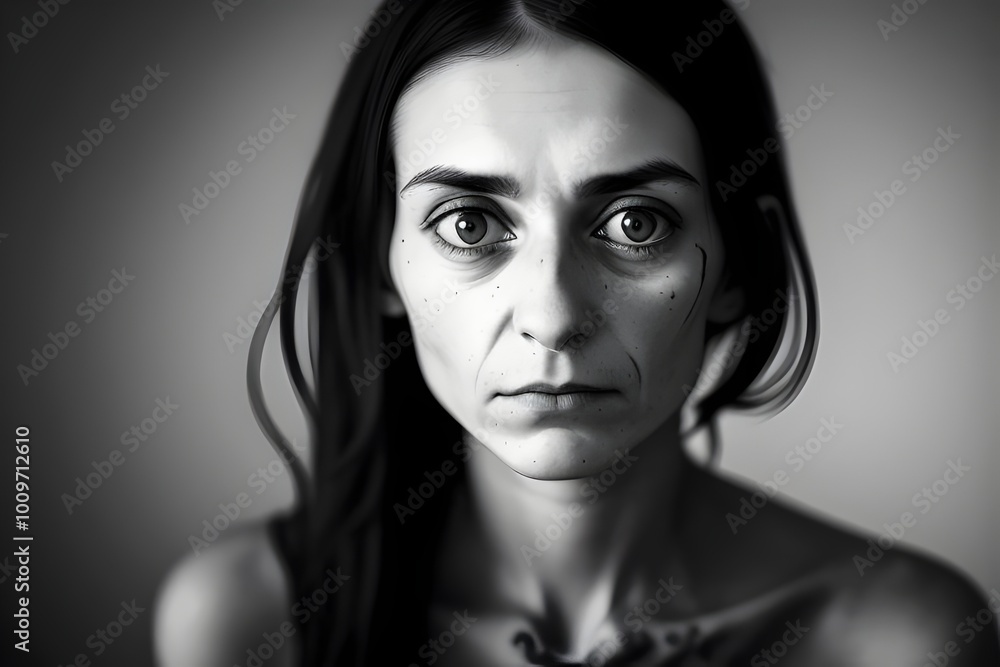 A stark, black-and-white portrait of a sad tired emaciated young heroin ...