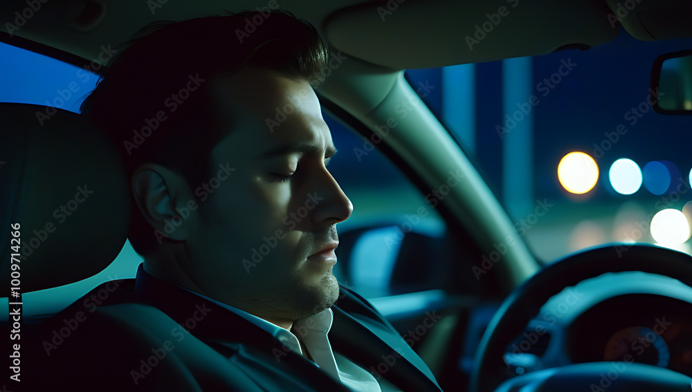 closeup man sleeping driving tired drowsy risk accident unsafe road ...