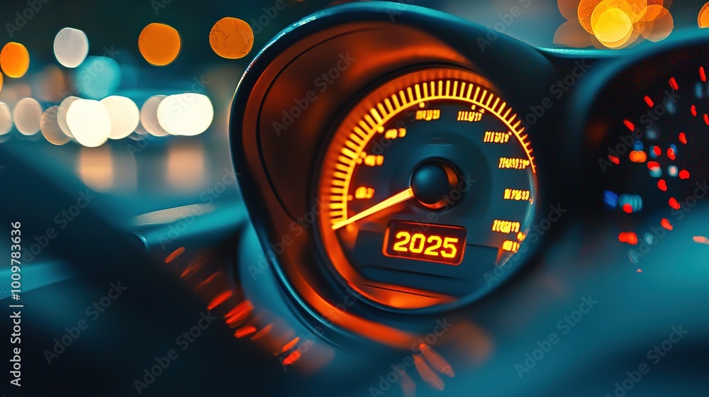 Black speedometer with needle moving end to the year number "2025 ...
