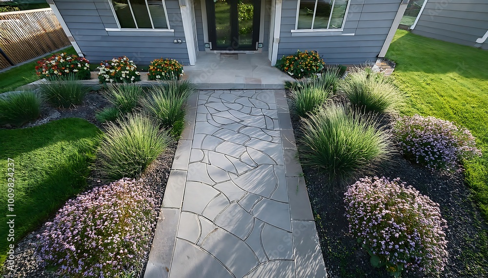Aerial view of a beautifully designed stamped concrete patio with ...