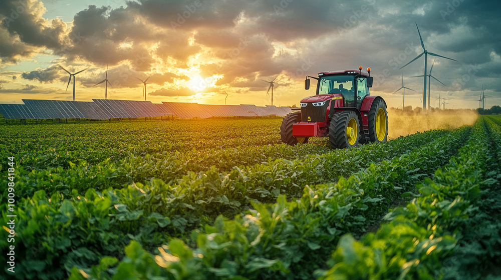 Red tractor plows a field at sunset amidst solar panels and wind ...