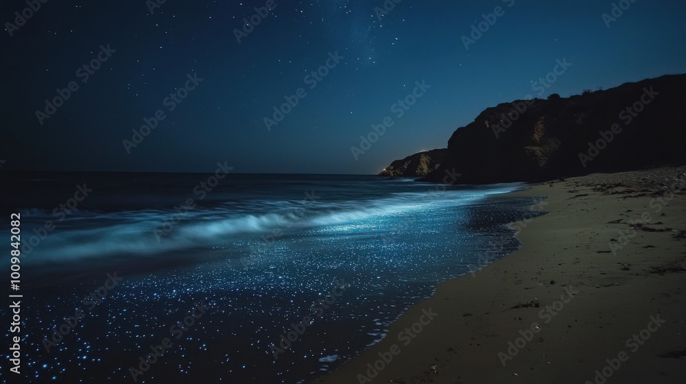 Bioluminescent waves illuminate a secluded beach under a starry night ...