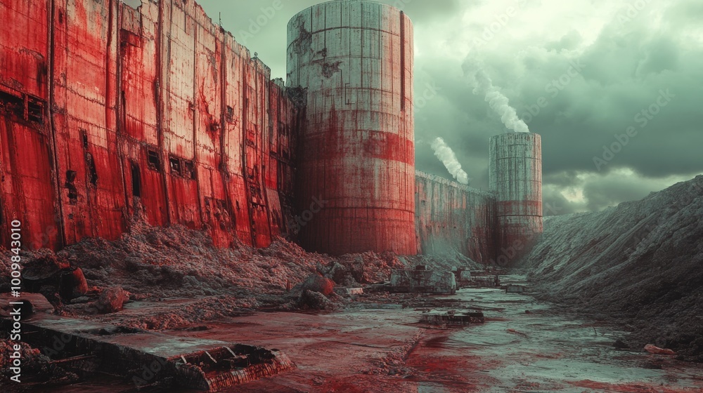 The site of a broken nuclear reactor is visibly damaged, with radiation ...