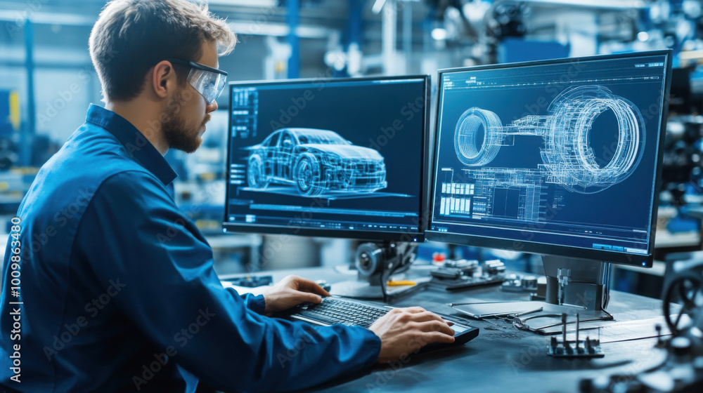 Engineer designing a car using CAD software on dual monitors in a high ...
