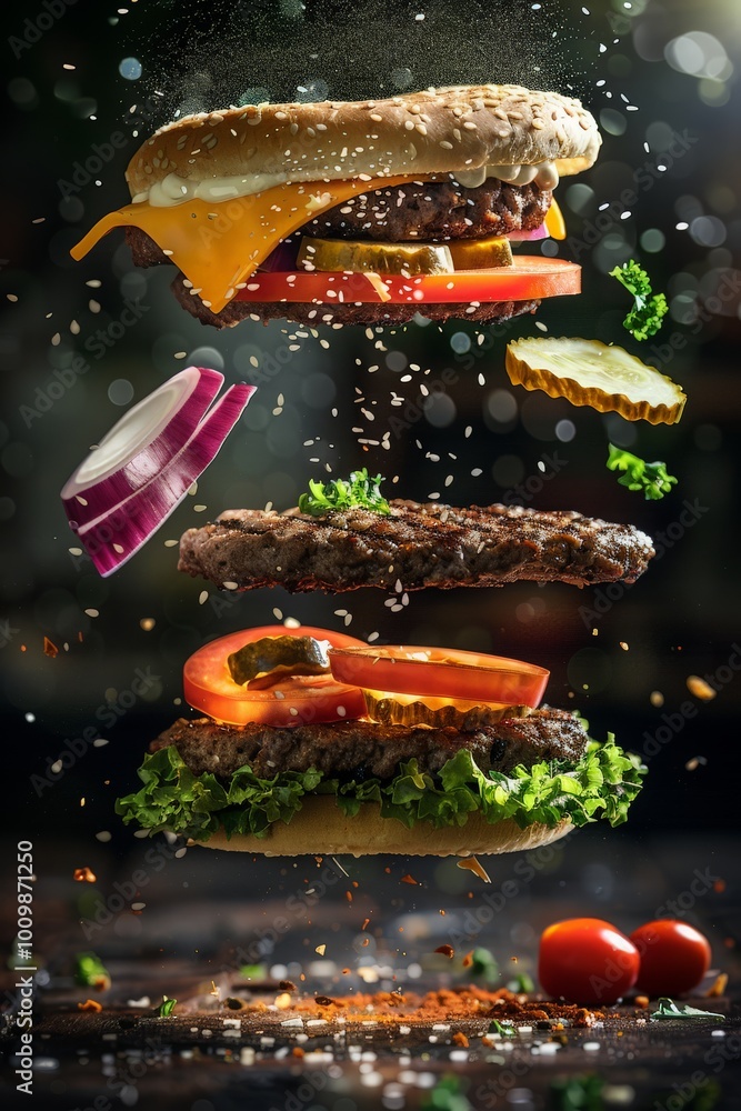 Creative vertical banner of giant floating hamburger separated into ...