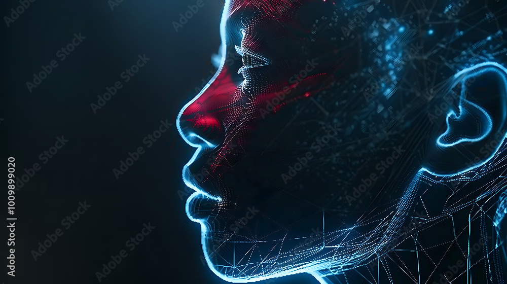 This image shows a side profile of a human face with digital contour ...