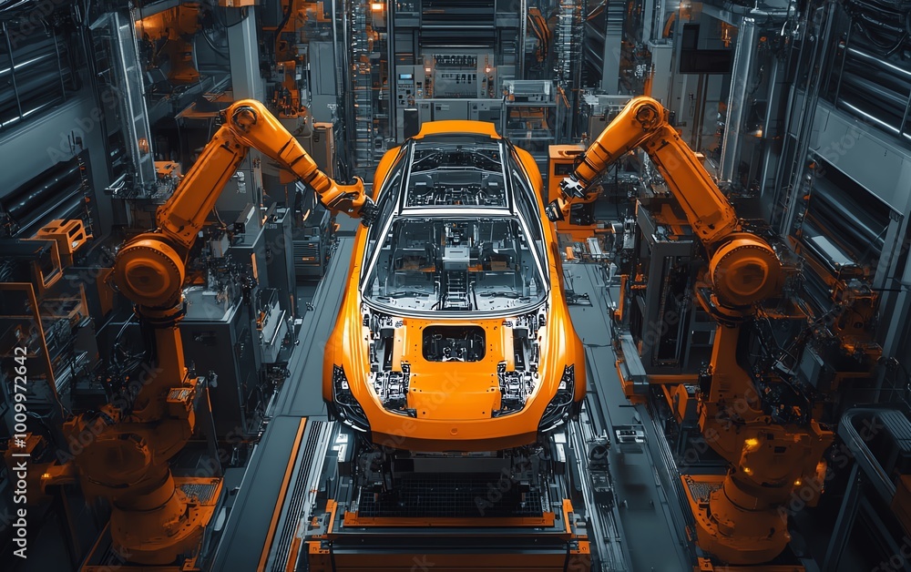 Dynamic Aerial Shot Robotic Arms in Autonomous Factory Assembling Car Frames with AI Precision ...