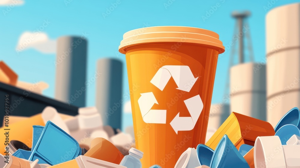 An orange recycling bin marked with a symbol stands among heaps of ...