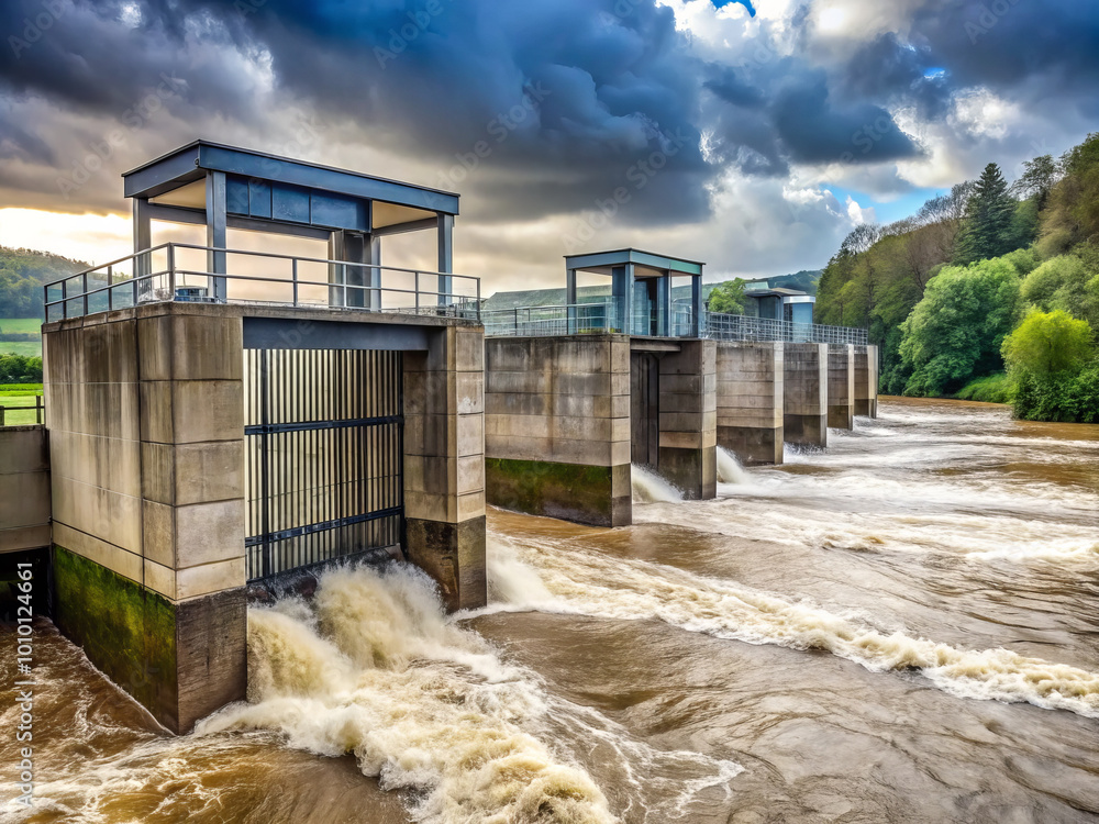riverbank protection structure with concrete walls and steel gates ...