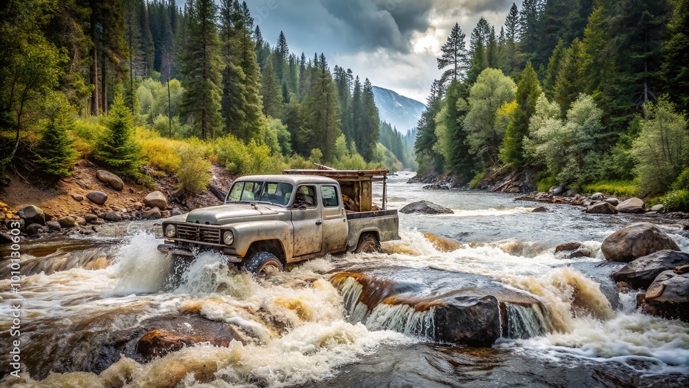Ancient weathered pickup truck cautiously navigates treacherous river ...