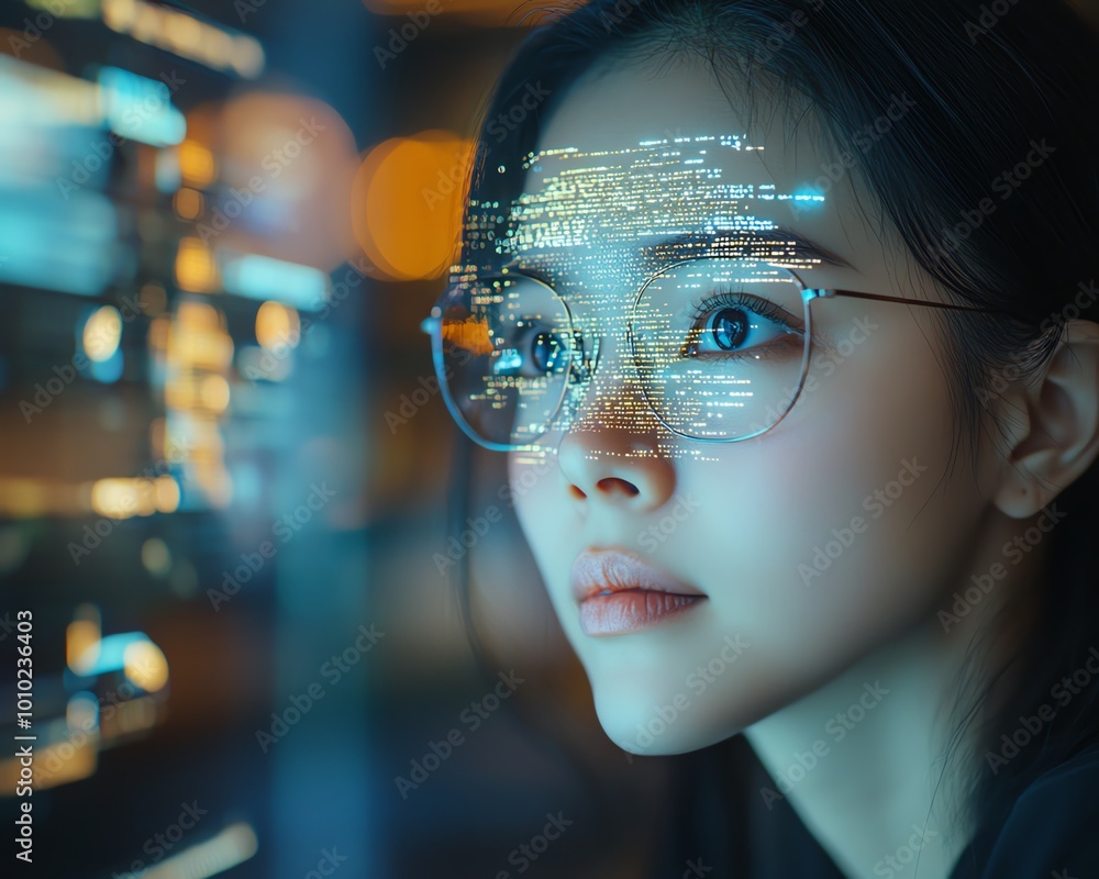 Asian Female Software Developer at Work Computer Screen with Code Projected on Face, Innovating ...