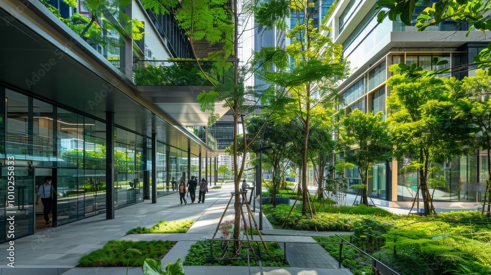Office Bangkok, sidewalk, high-rise office facade, less dense, roof ...