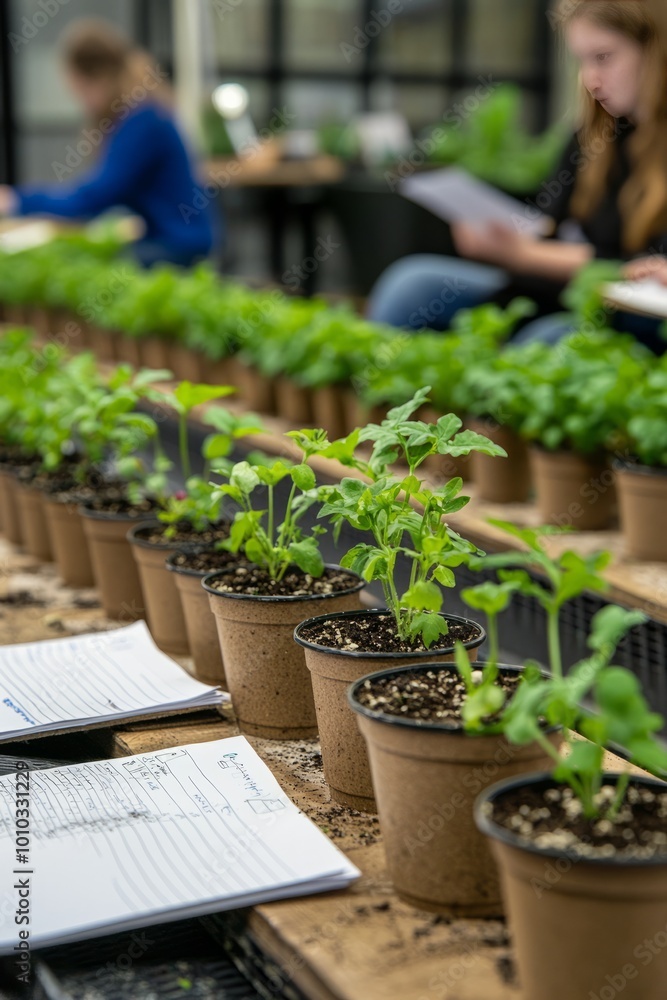 Classroom with students learning about urban farming. They are planting ...