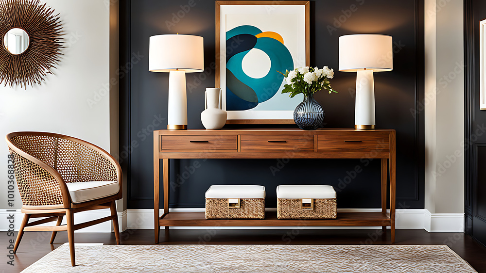 An elegant interior setup with a wooden chair, console table, and chic ...