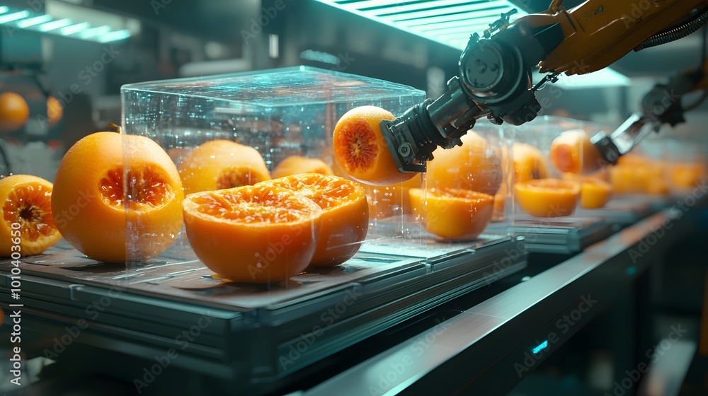 Robotic arm scanning fruits with X-ray beams, transparent holographic ...