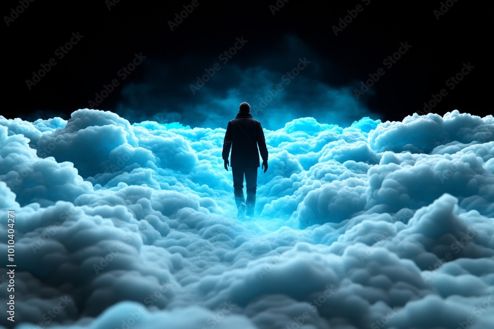 3D-rendered scene of a person walking through a dense fog, where only ...