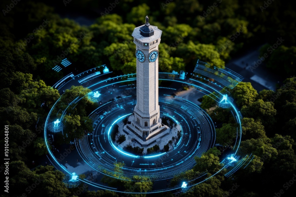 3D-rendered view of a clock tower frozen in time, with digital ...