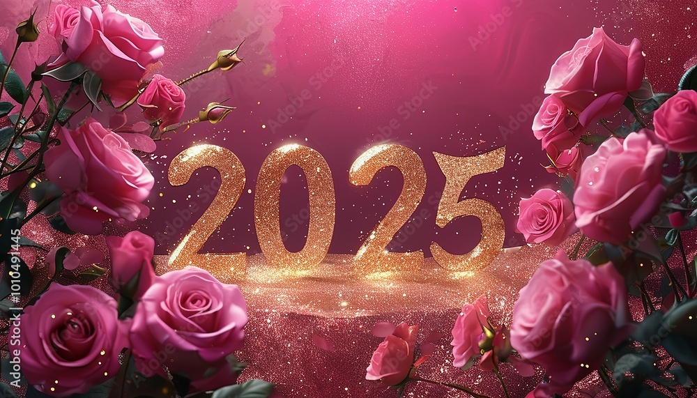 2025 number glowing surrounded by rose gold sparkles, set against a ...