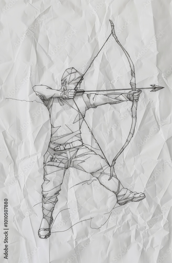 A simple line drawing of an archer on white paper, drawn in black ink ...