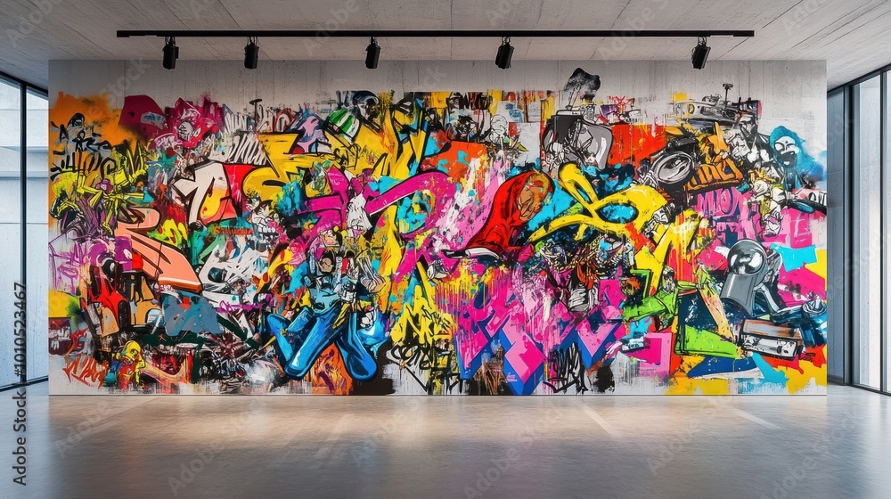 Urban mural with colorful graffiti vibrant colors and a diverse crowd ...