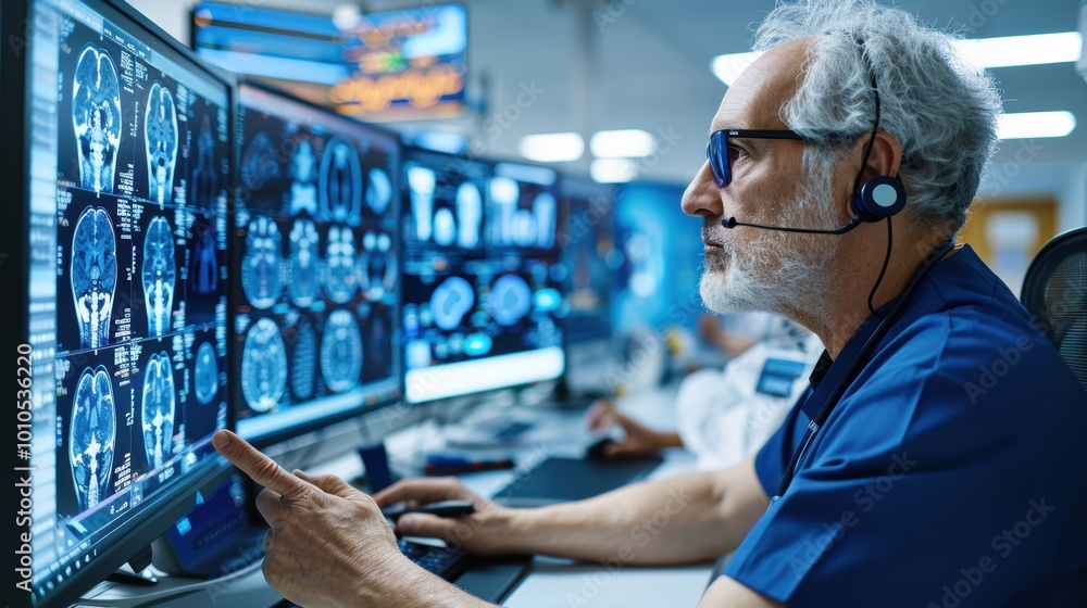 A focused medical professional analyzes brain scans on multiple ...
