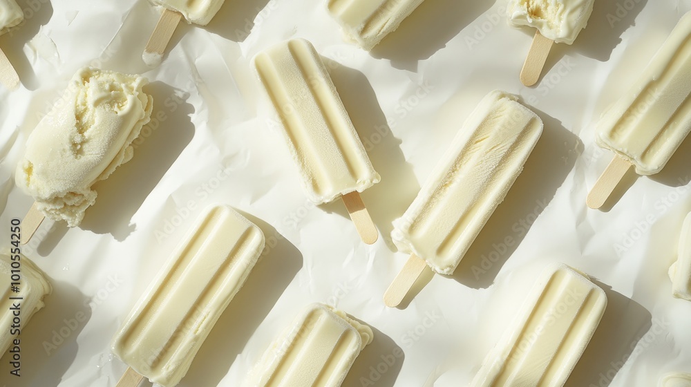 Multiple ice cream bars on a white table, taken from above, with light ...