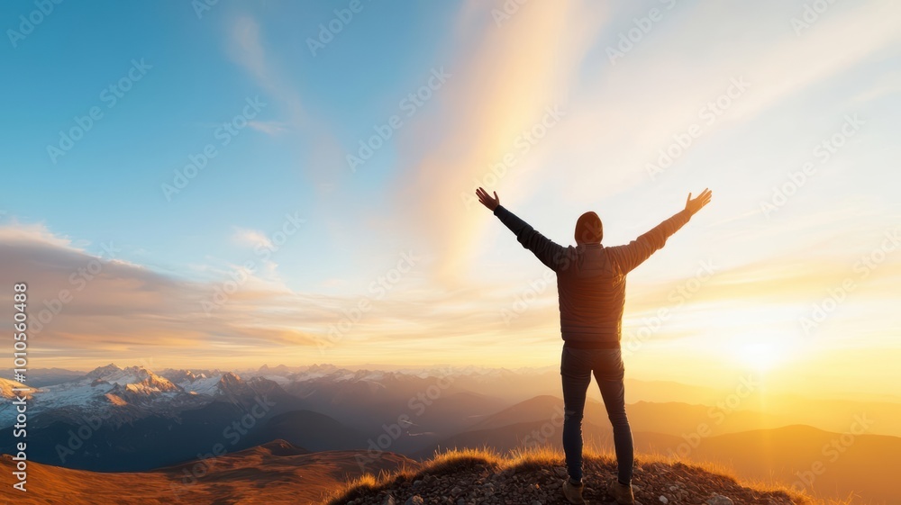 A person standing on a hill at sunrise, arms raised in reverence ...