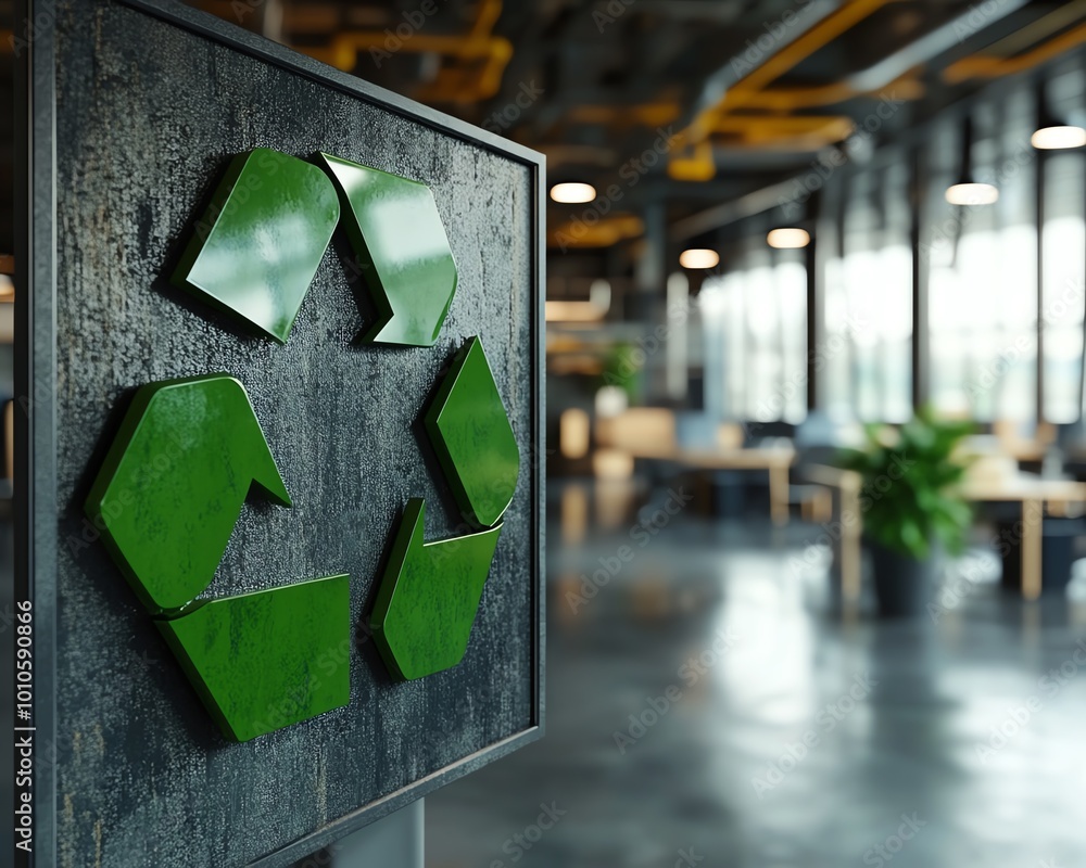 Green recycle symbol sign with a professional office backdrop ...