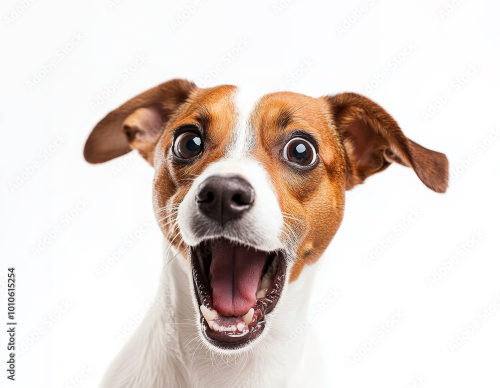 Cute dog acting surprised or scared and has his mouth and eyes wide ...