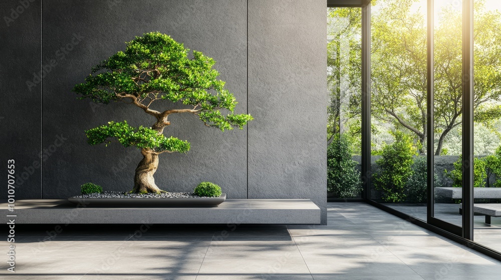 Bonsai tree in a stylish garden space, with smooth stone features ...