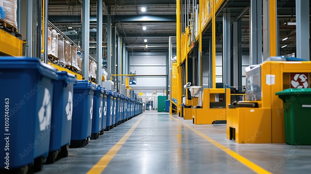 A view of a modern recycling facility featuring organized waste ...