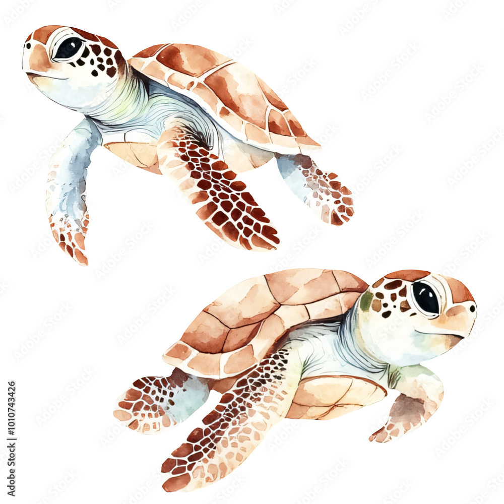 Cute Baby Turtles Swimming in the Ocean - Simple Watercolor Clipart on ...